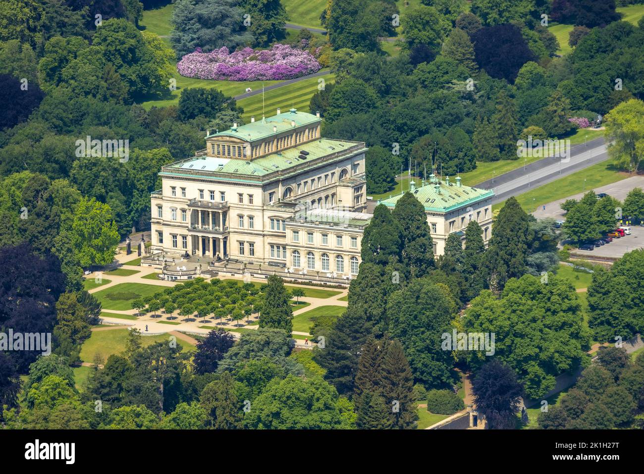 Aerial view, Villa Hügel and rhododendron blossom in the park, former ...