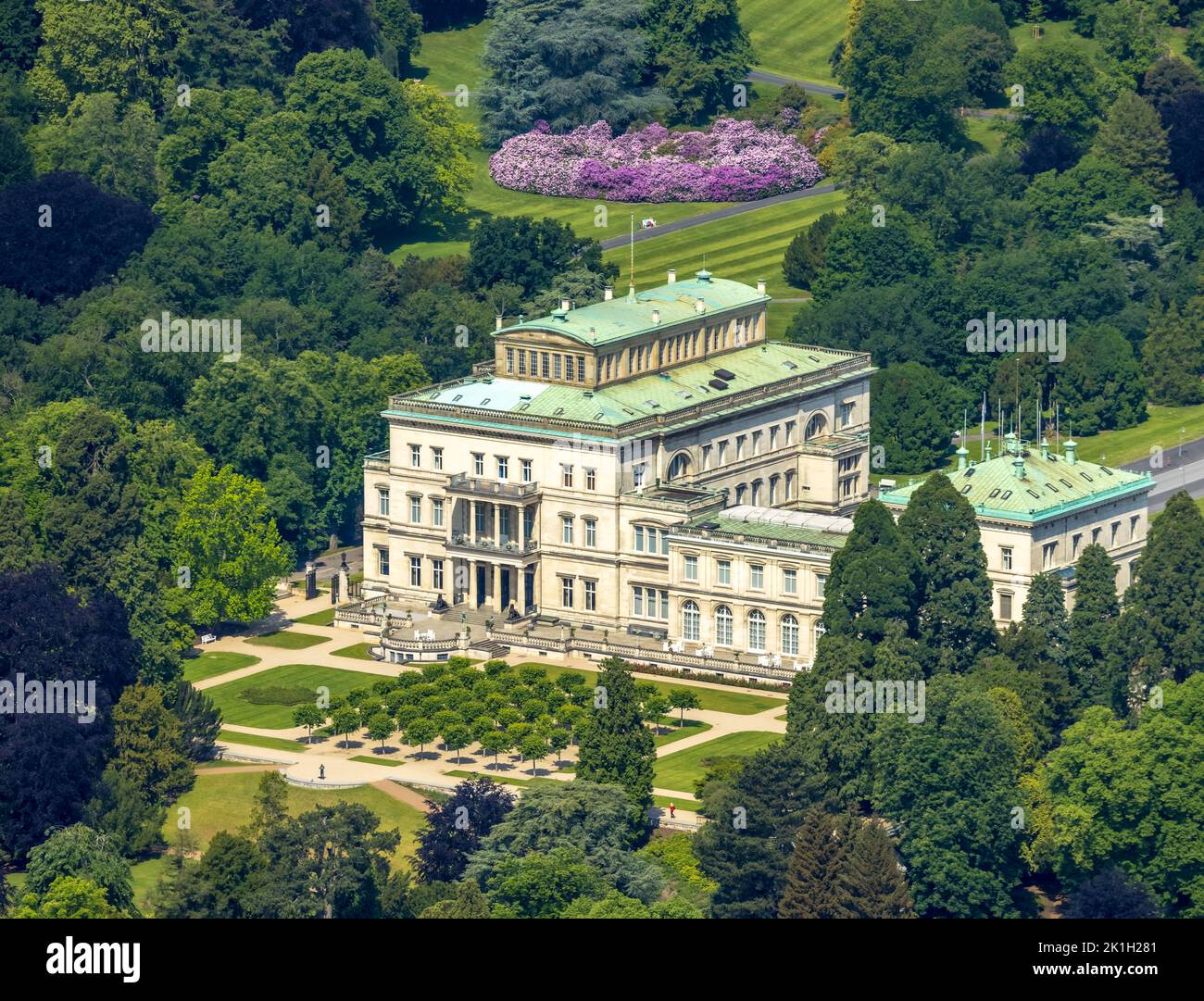Aerial view, Villa Hügel and rhododendron blossom in the park, former ...