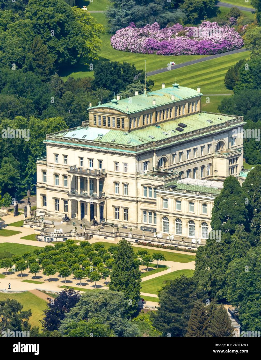 Aerial view, Villa Hügel and rhododendron blossom in the park, former ...