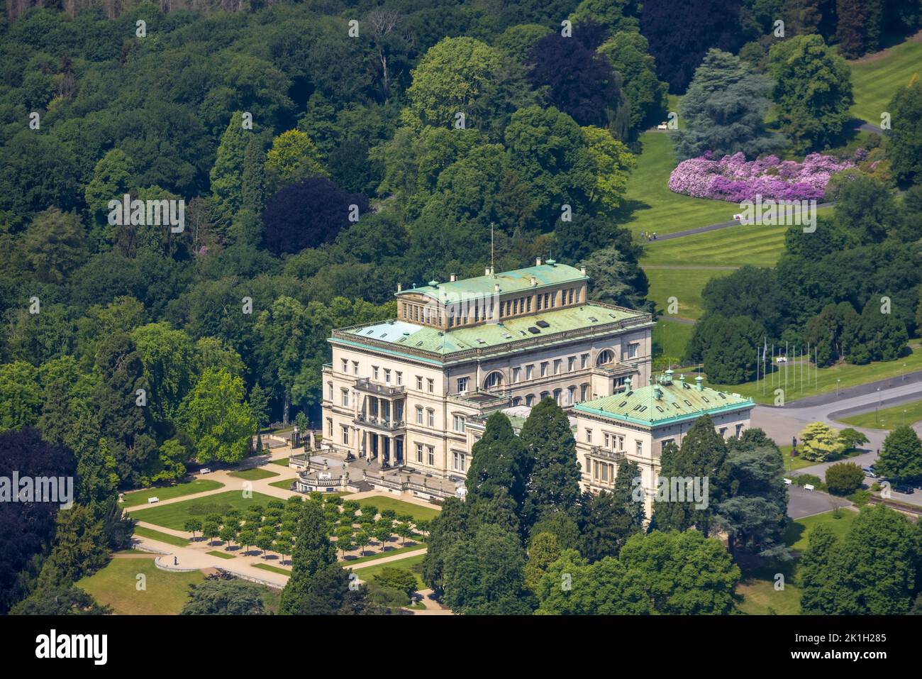 Aerial view, Villa Hügel and rhododendron blossom in the park, former ...