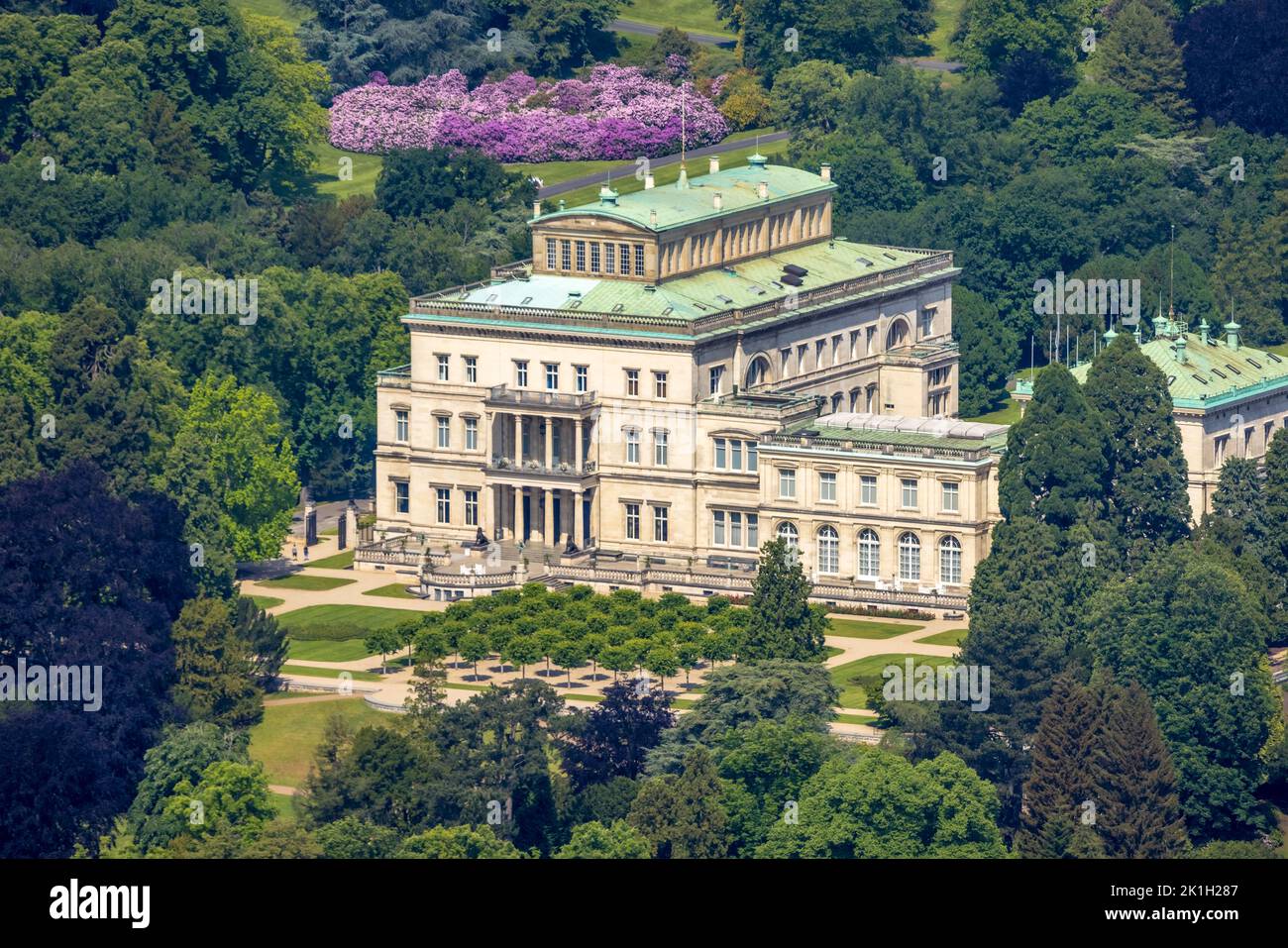 Aerial view, Villa Hügel and rhododendron blossom in the park, former ...