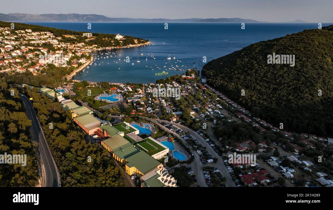 Aerial view overlooking the Rabac holiday resort, summer, sunset in ...