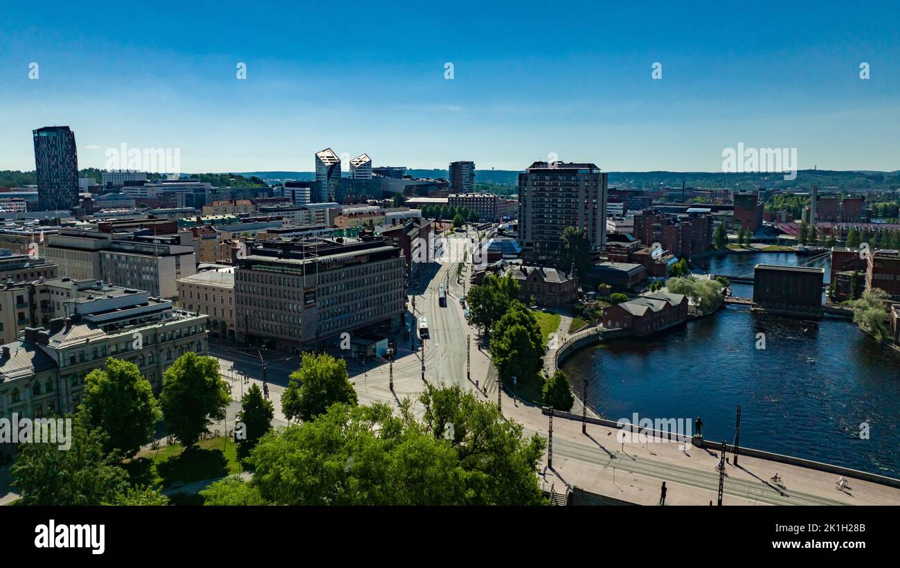 Aerial view of a quiet streets in sunny downtown Tampere city, summer ...
