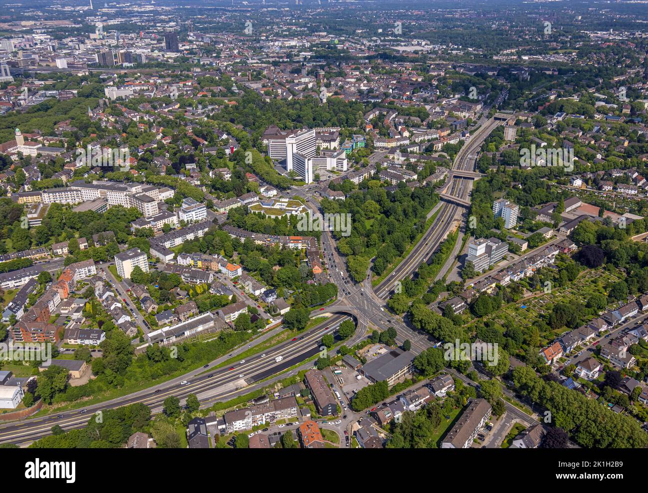 Aerial view, freeway A52 with intersection Ruhrallee federal road B227 ...