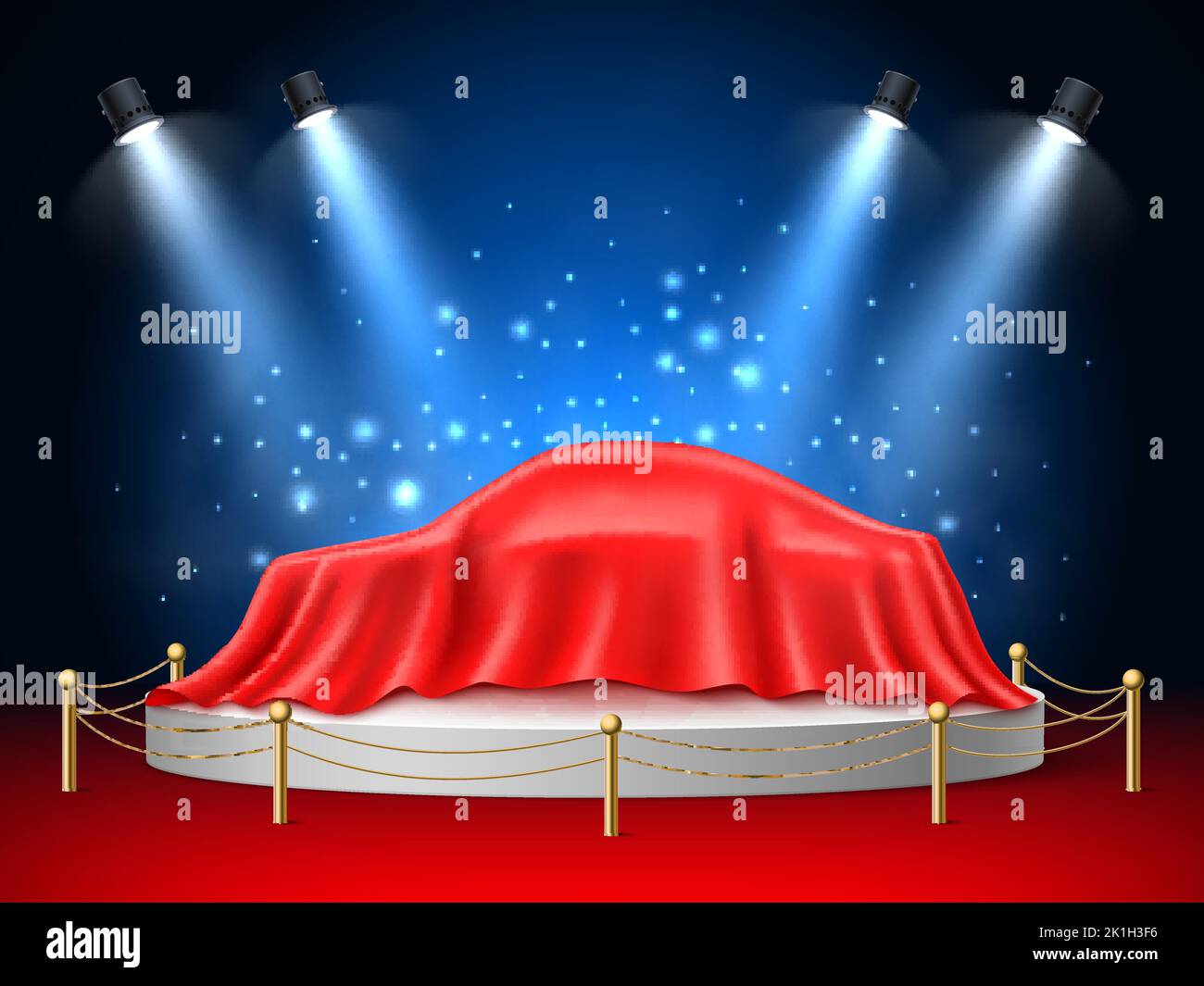 Red silk car covered. Realistic secret gift hidden under cloth, textile ...