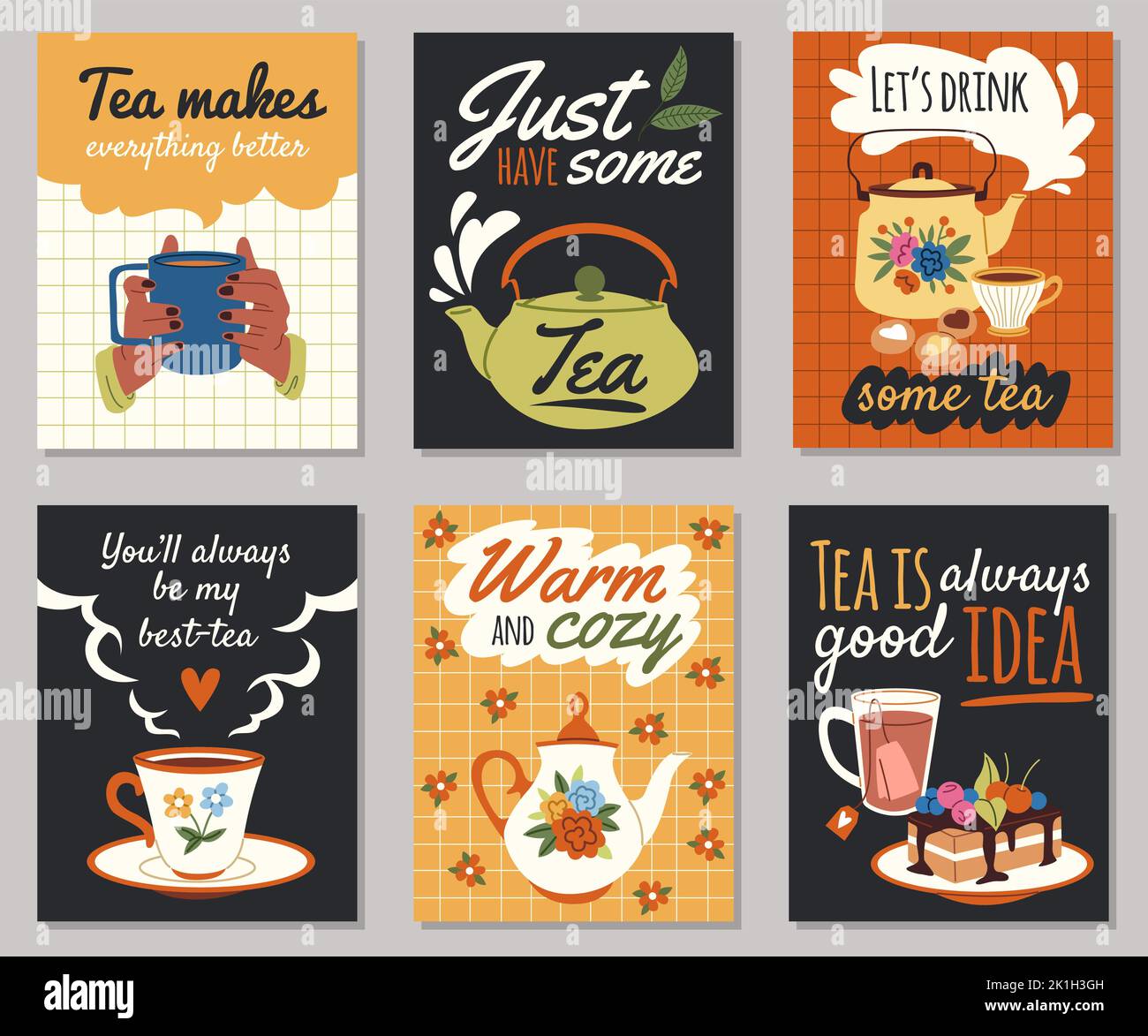 Tea time menu cards. Cute breakfast posters with funny hand drawn text ...