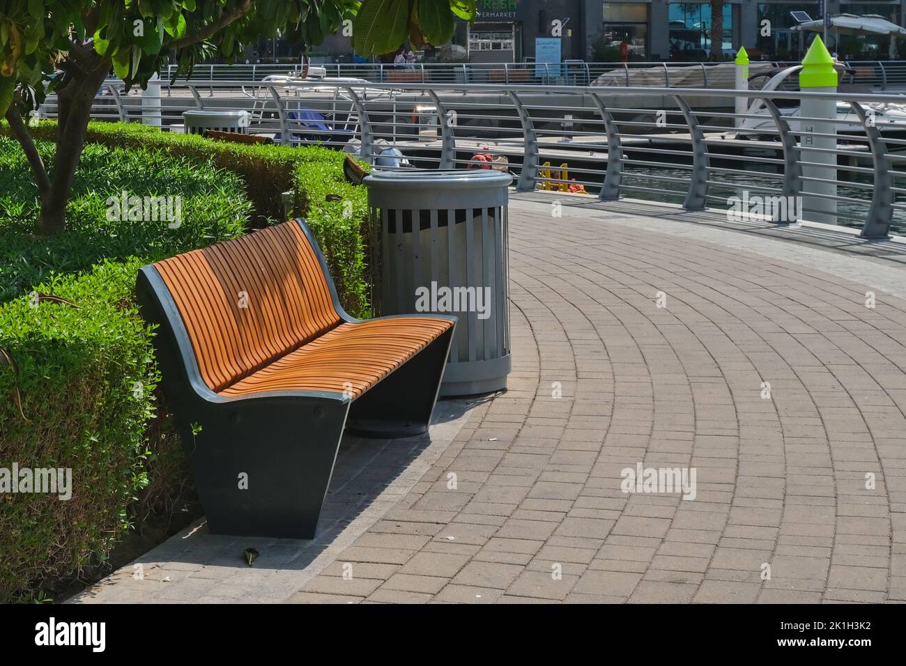 Empty contemporary wooden bench along trimmed green plant fence and ...