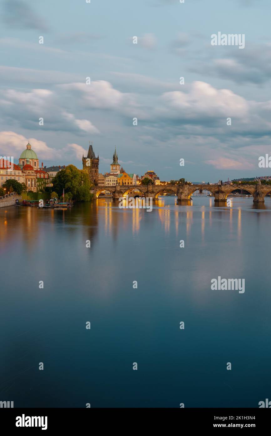 landscape with Vltava river at night in Prague, Czech Republic Stock ...