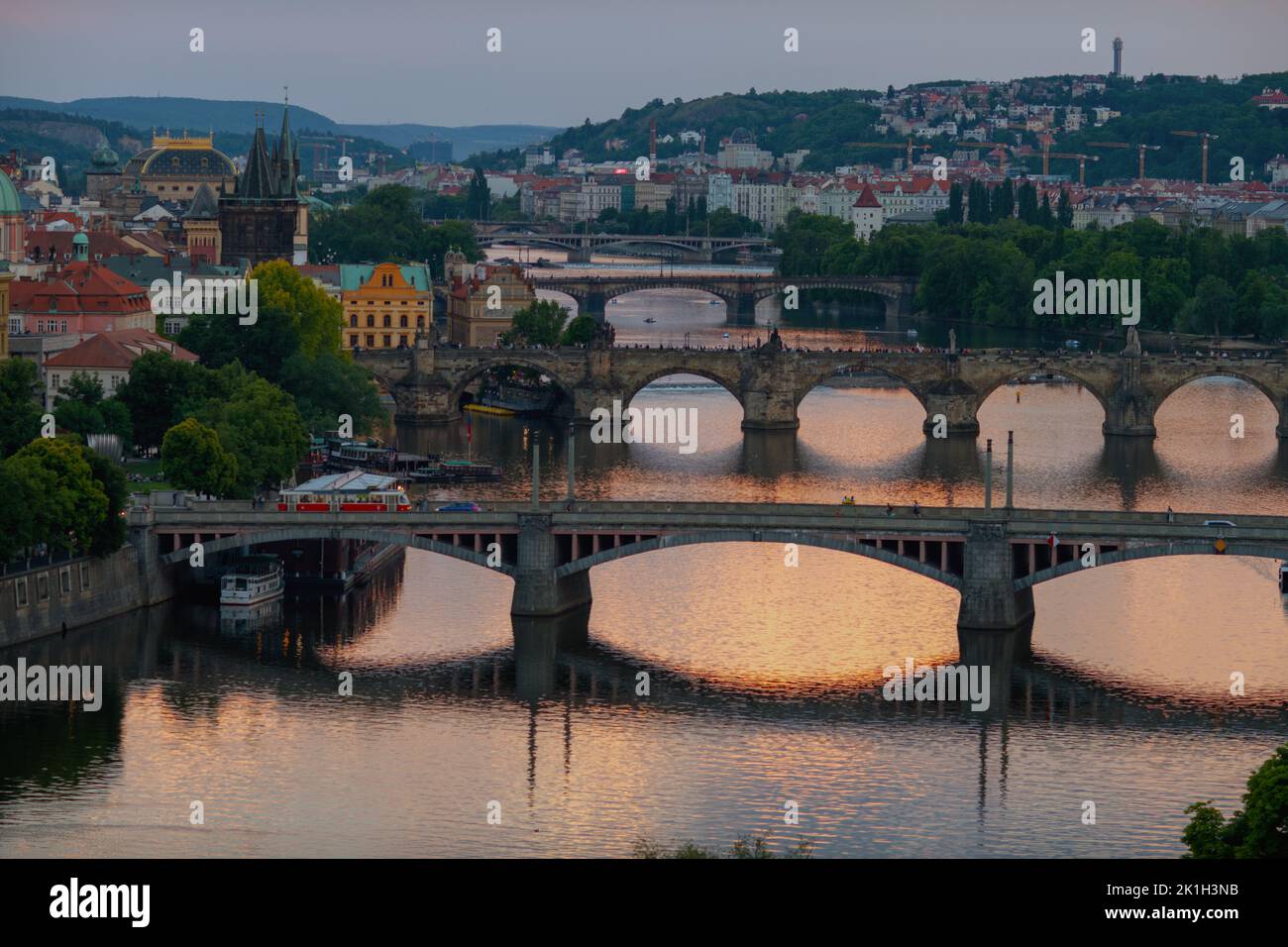 landscape with Vltava river in the evening in Prague, Czech Republic ...