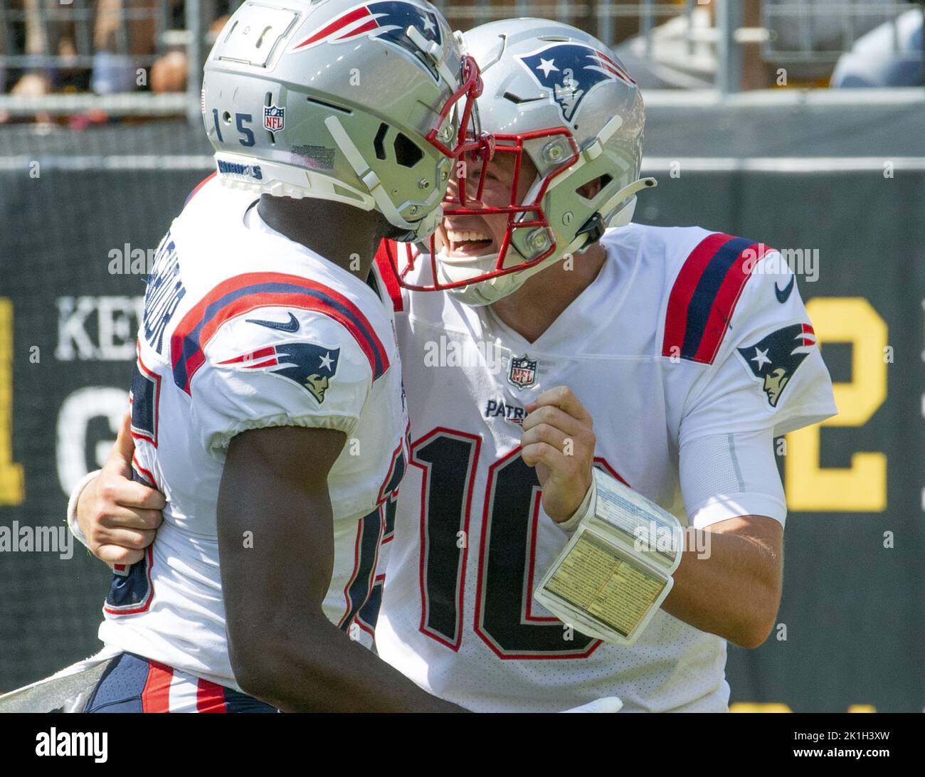 New England Patriots quarterback Mac Jones (10) celebrates the second ...