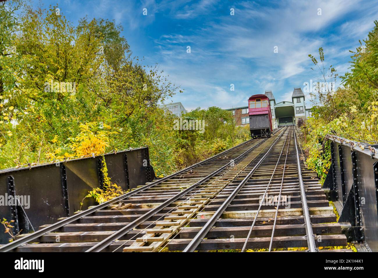 Cable car of the historic Duquesne Incline going up the Washington ...