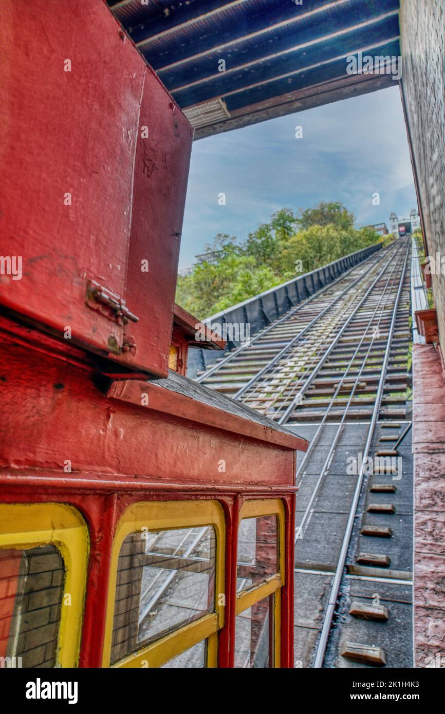 Cable car and rails of the historic Duquesne Incline leading up from ...