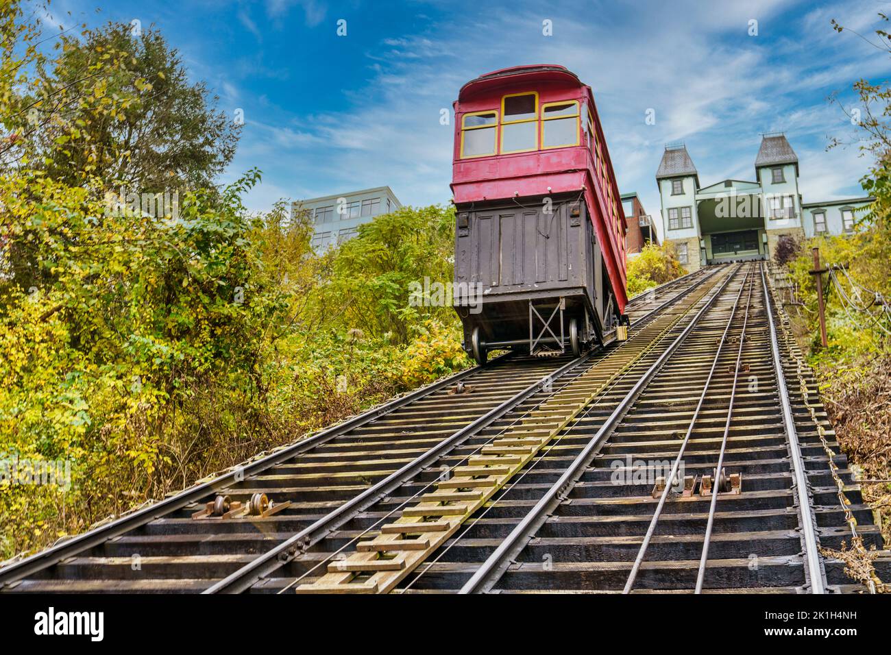 Cable car of the historic Duquesne Incline going up the Washington ...