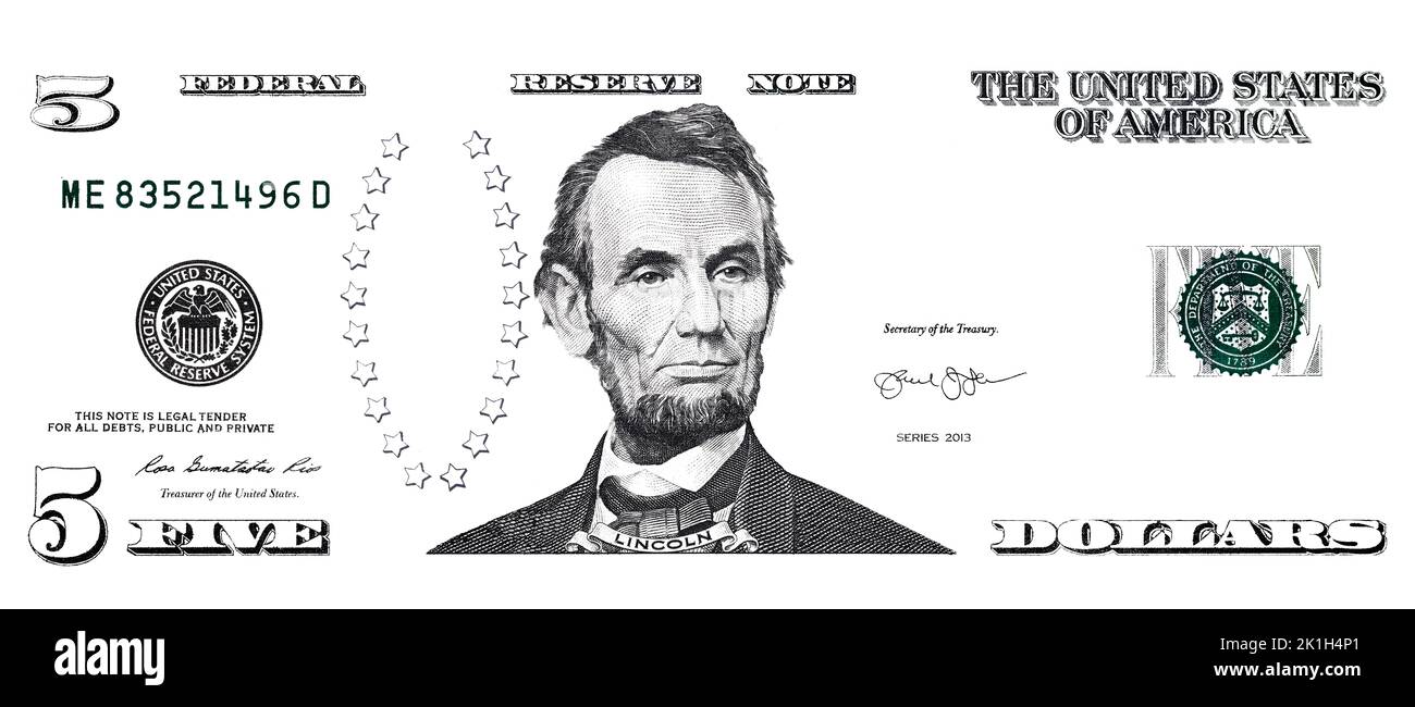 U.S. 5 dollar banknote. Elements for design purpose on transparent ...