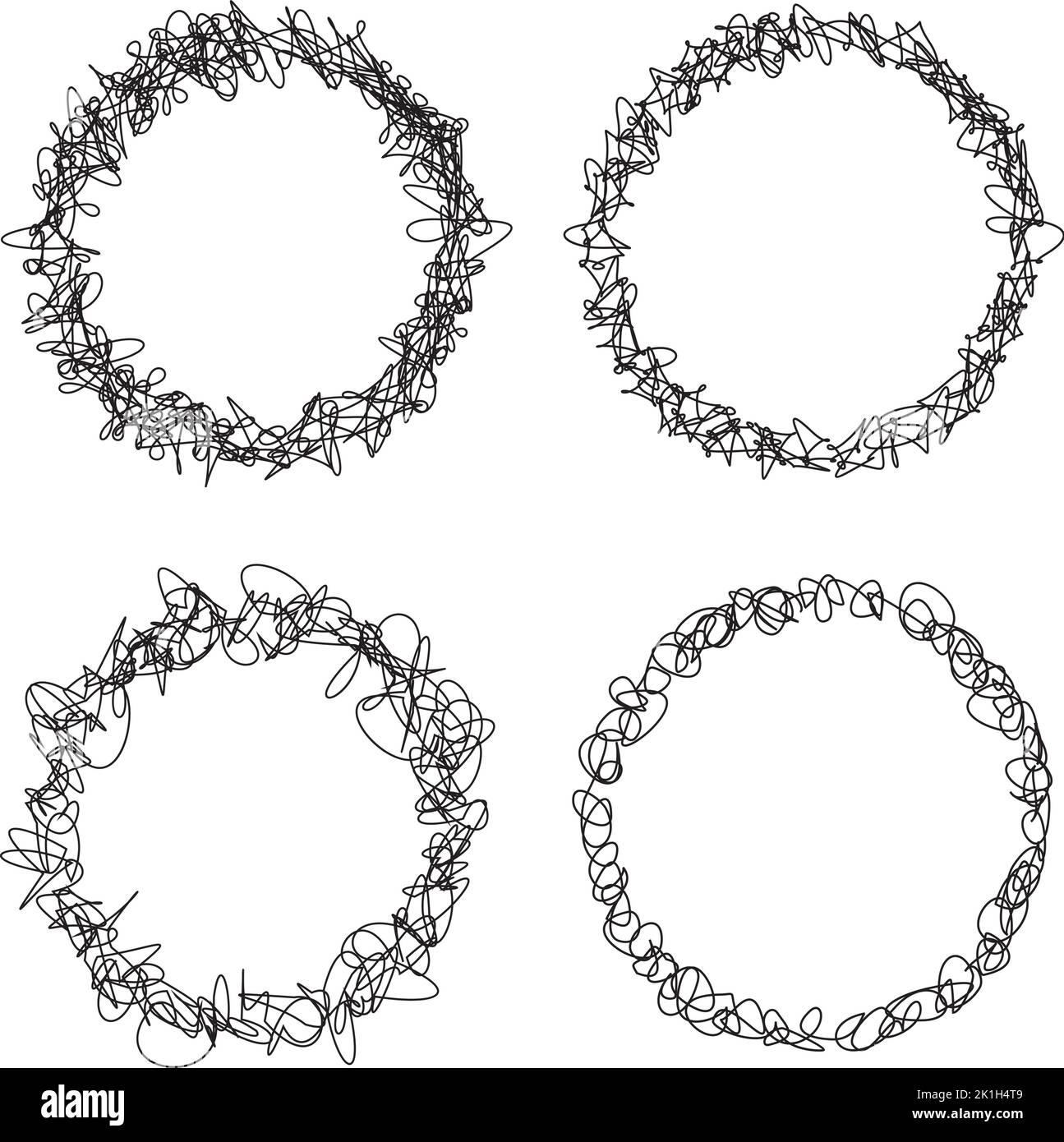Set of grungy round scribble circles, hand drawn with thin line ...