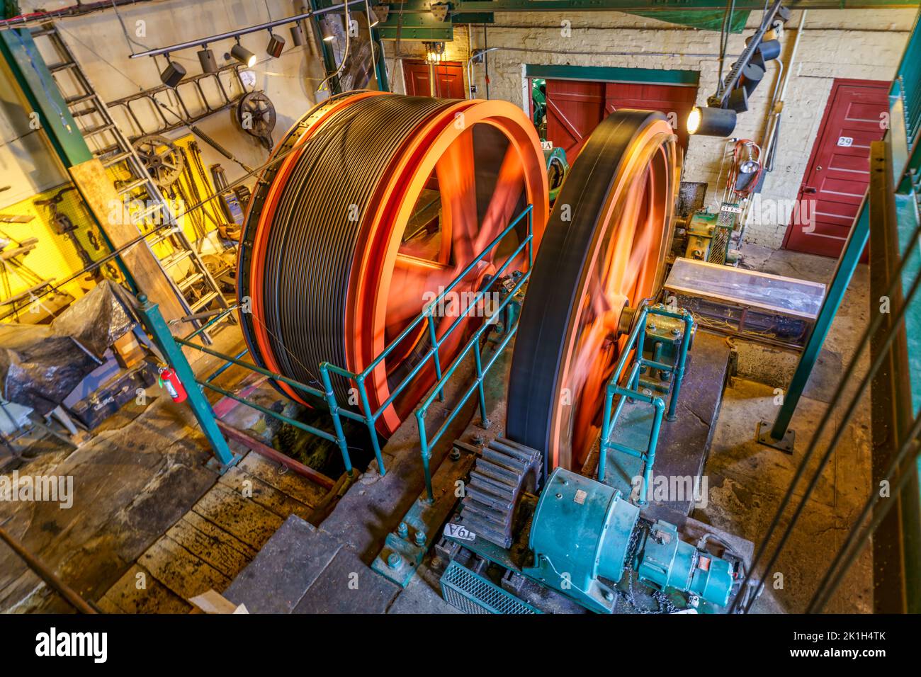 The cable winding wheels of the Duquesne Incline show motion in its ...