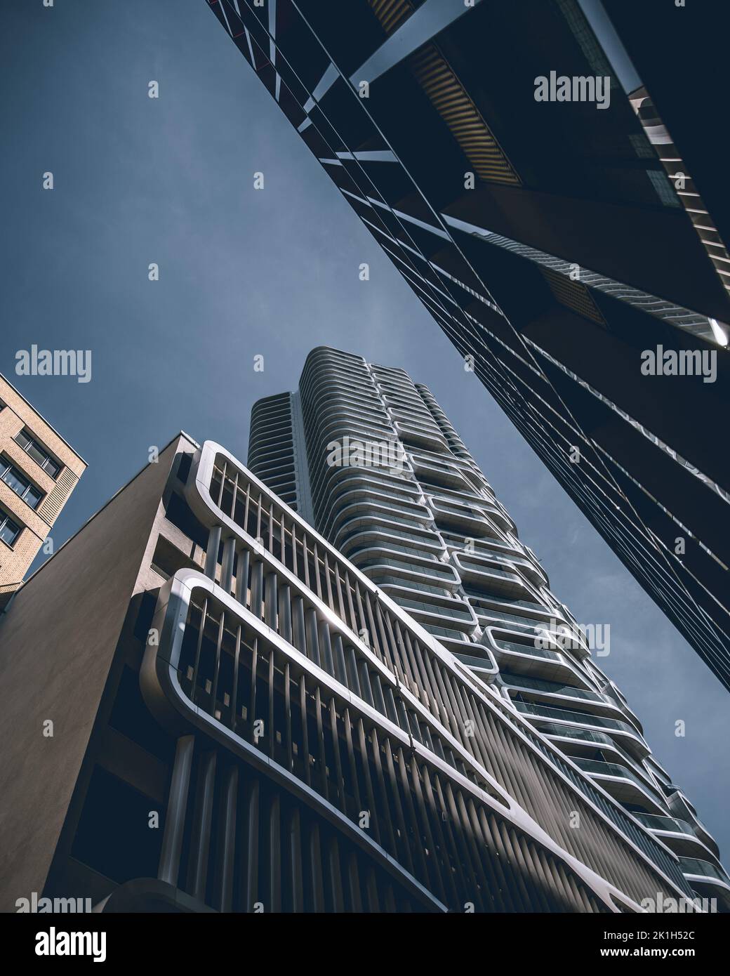 A vertical low angle modern skyscraper in Frankfurt, Germany Stock ...