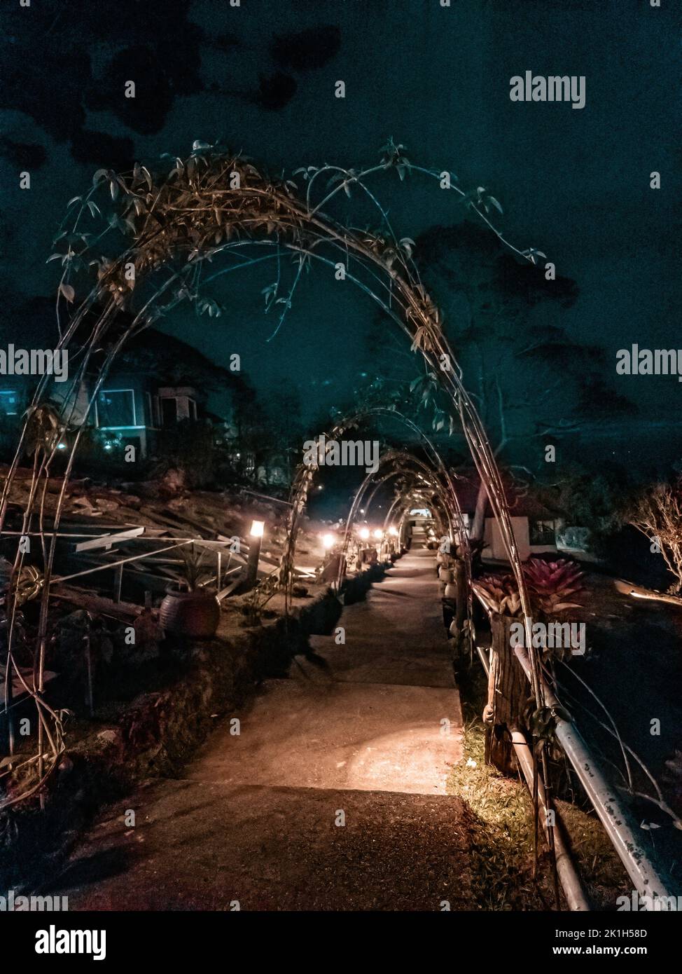 Walking path arches with lights at night in Mount Jerai Stock Photo - Alamy