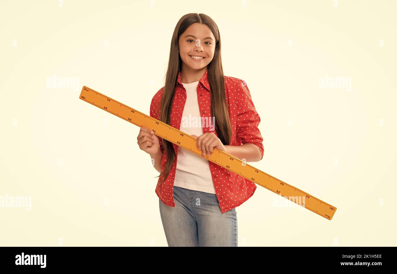 happy child hold ruler study mathematics at school isolated on white ...