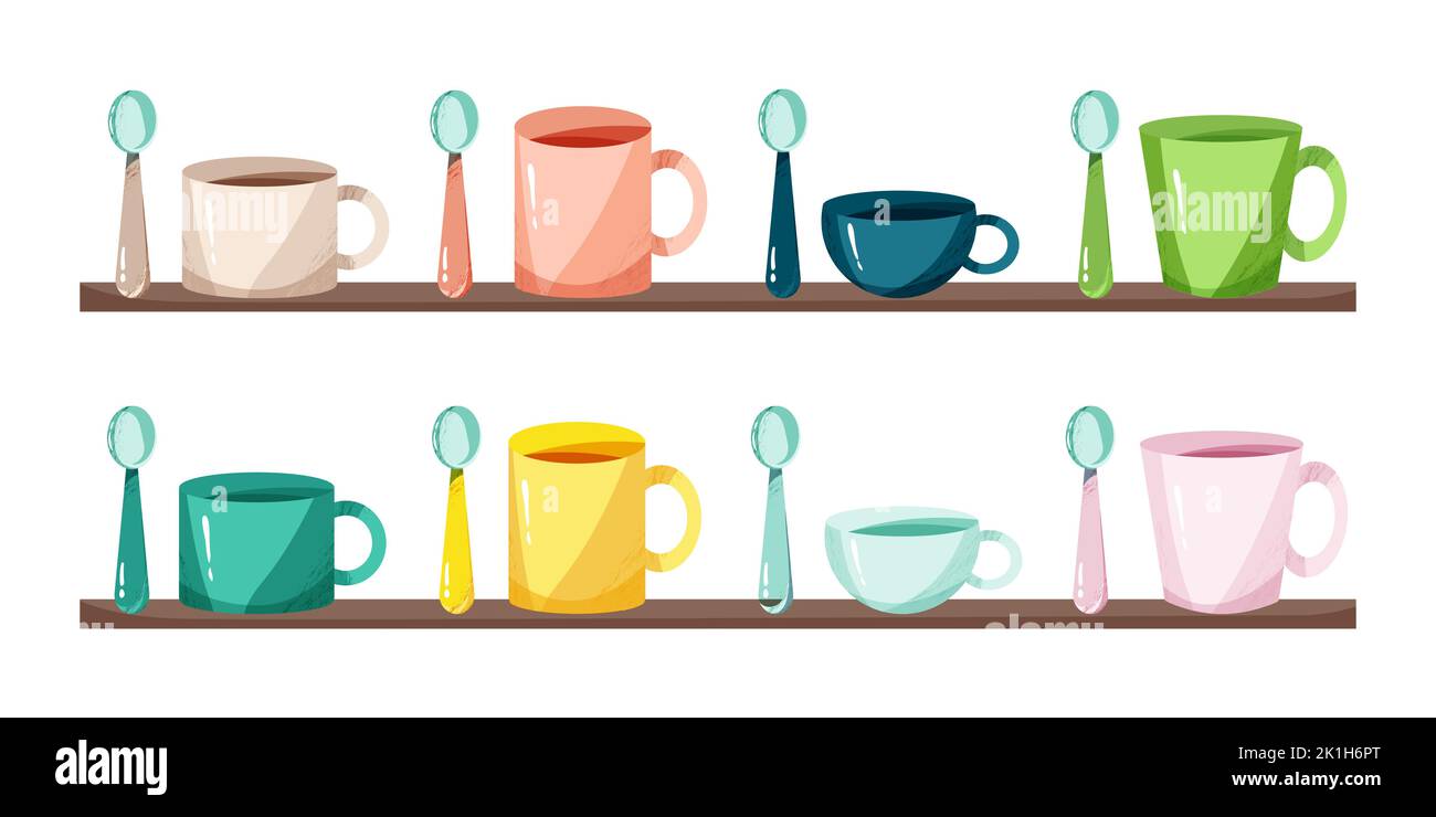 Colored cups of different shapes and spoons set. Vector illustration in ...