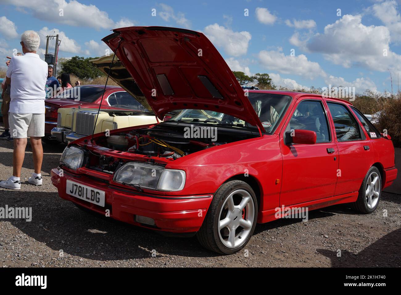 Exeter, UK-August 2022: 1991 red Ford Sierra Cosworth at a classic car ...