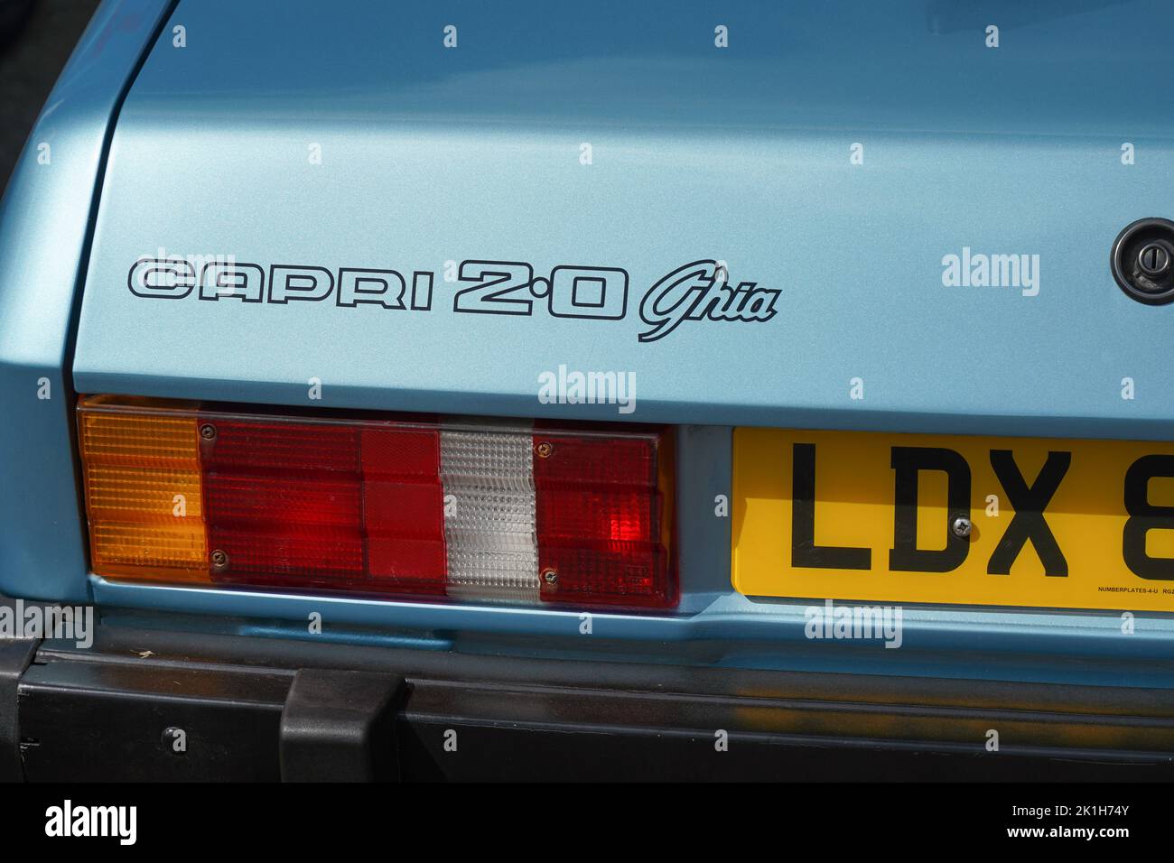 Exeter, UK-August 2022: Close up of a Ford Capri Ghia from May 1980 ...