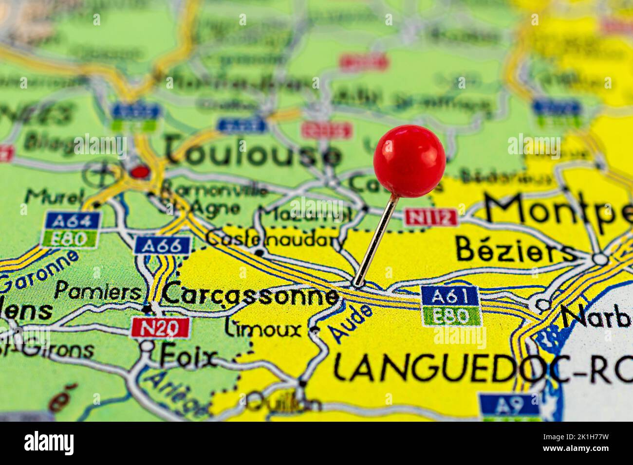 Carcassonne map. Close up of Carcassonne map with red pin. Map with red ...