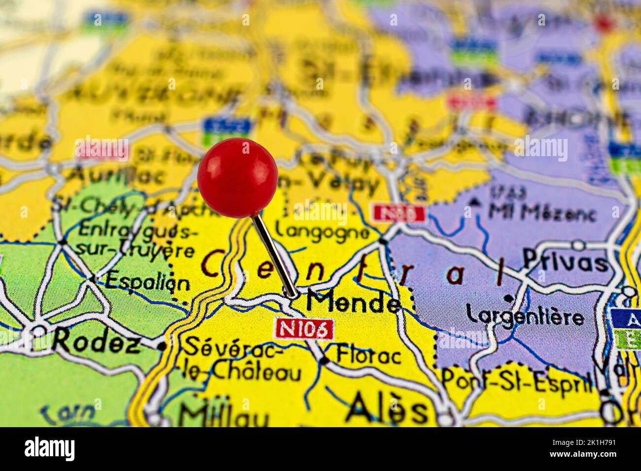 Mende map. Close up of Mende map with red pin. Map with red pin point ...
