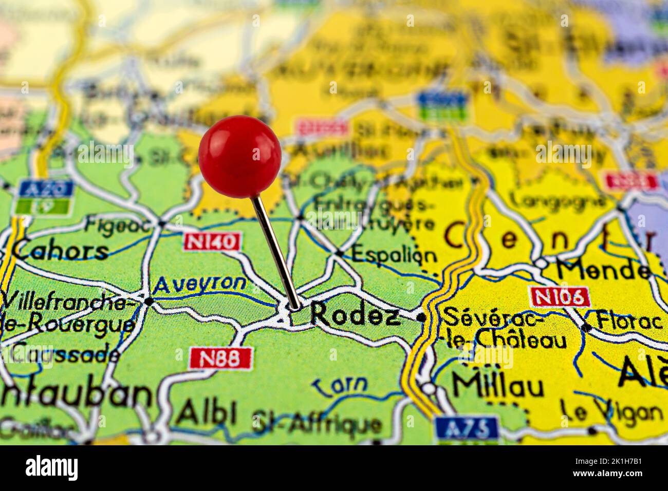 Rodez map. Close up of Rodez map with red pin. Map with red pin point ...