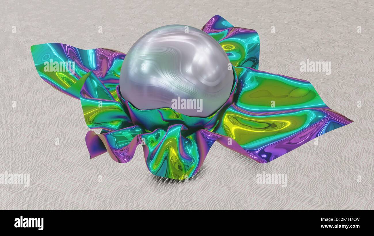 Pearl in a iridescent candy wrapper, modern art concept, 3D rendering ...