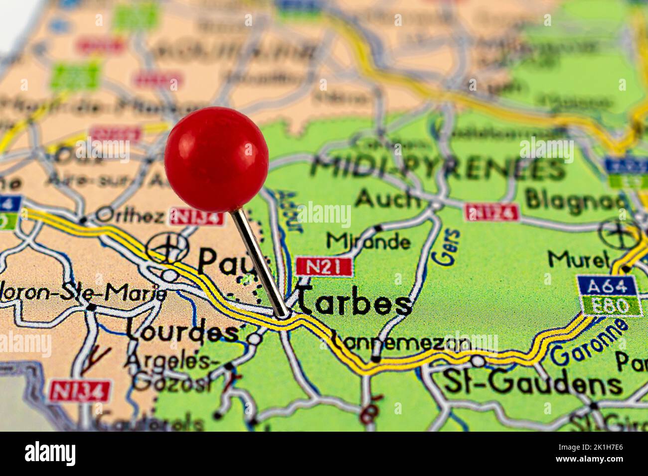 Tarbes map. Close up of Tarbes map with red pin. Map with red pin point ...
