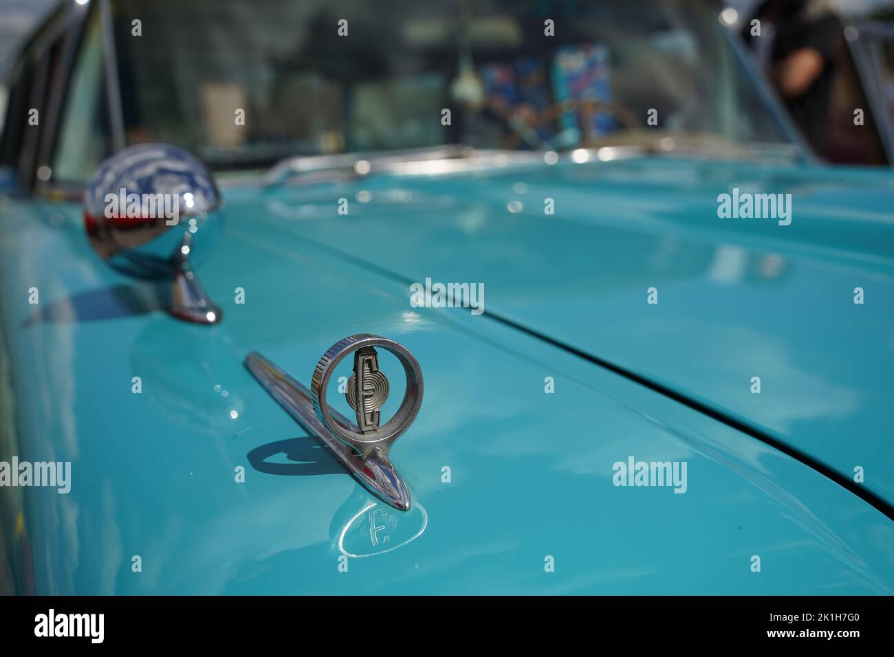 Exeter, UK-August 2022: Close up of logo of a 1959 Edsel Villager a ...