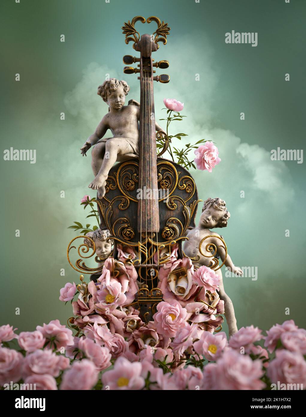 3d computer graphics of a vintage violin with cherubs and flowers Stock ...