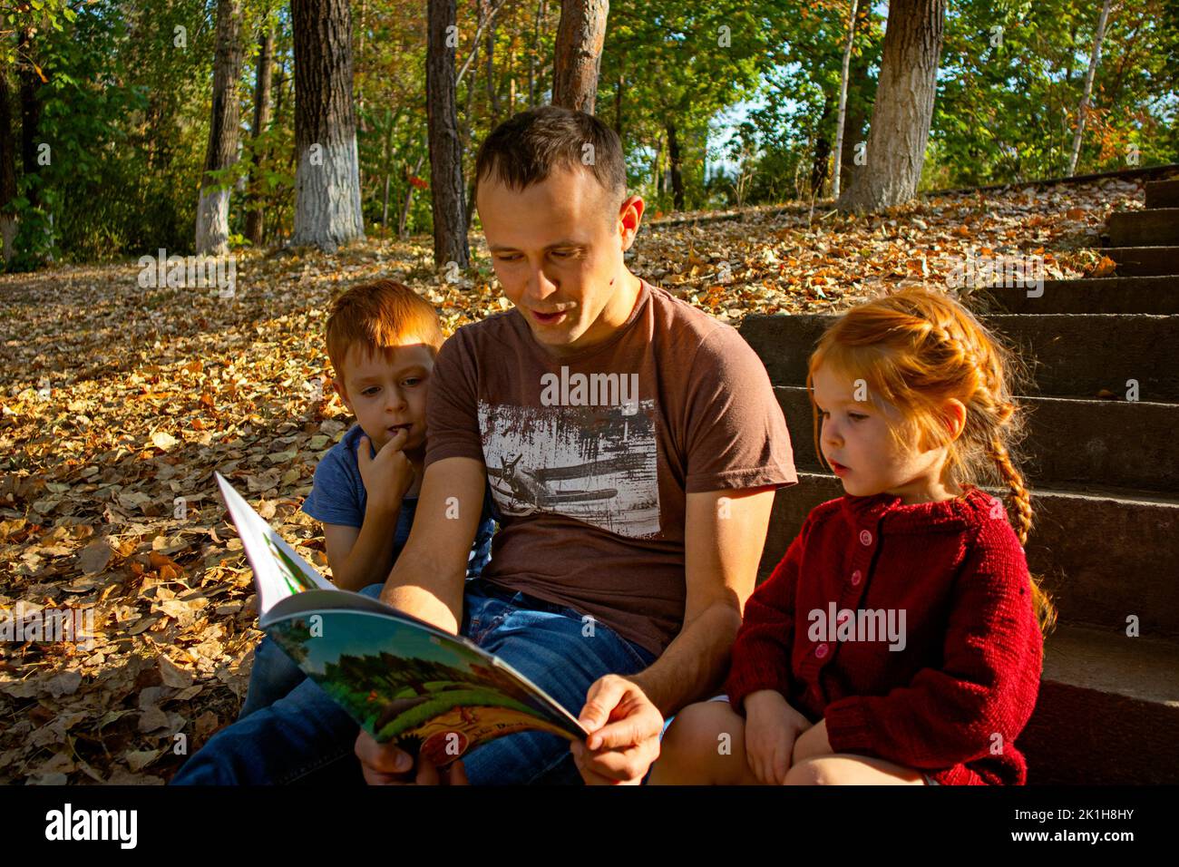 dad is reading a book to children in the park. reading a book to a son ...