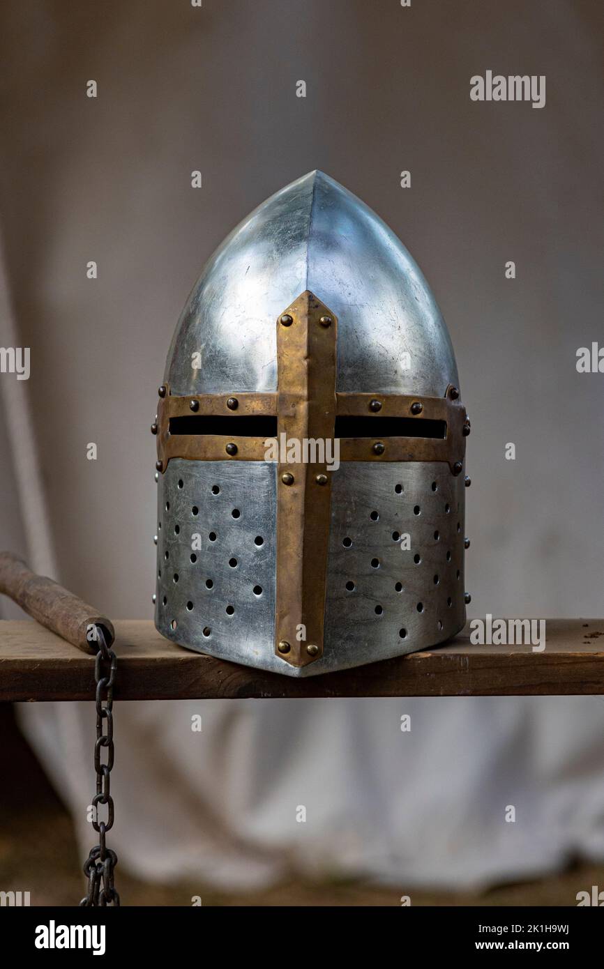 A medieval helmet used as an example shown in Santa Maria da Feira fair ...