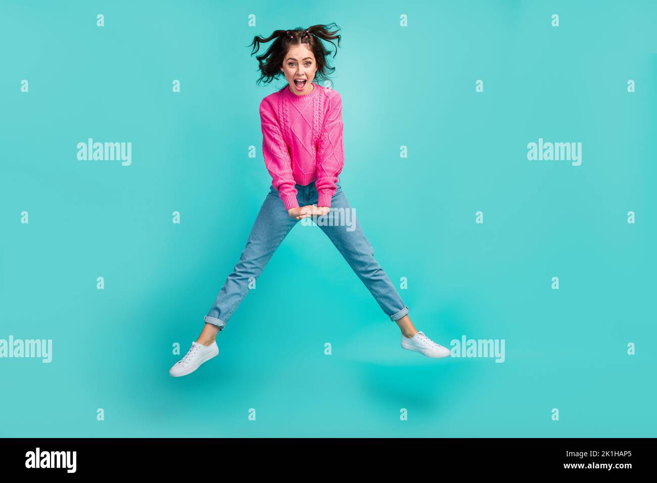 Full size photo of adorable girl with curly hairstyle wear pink ...