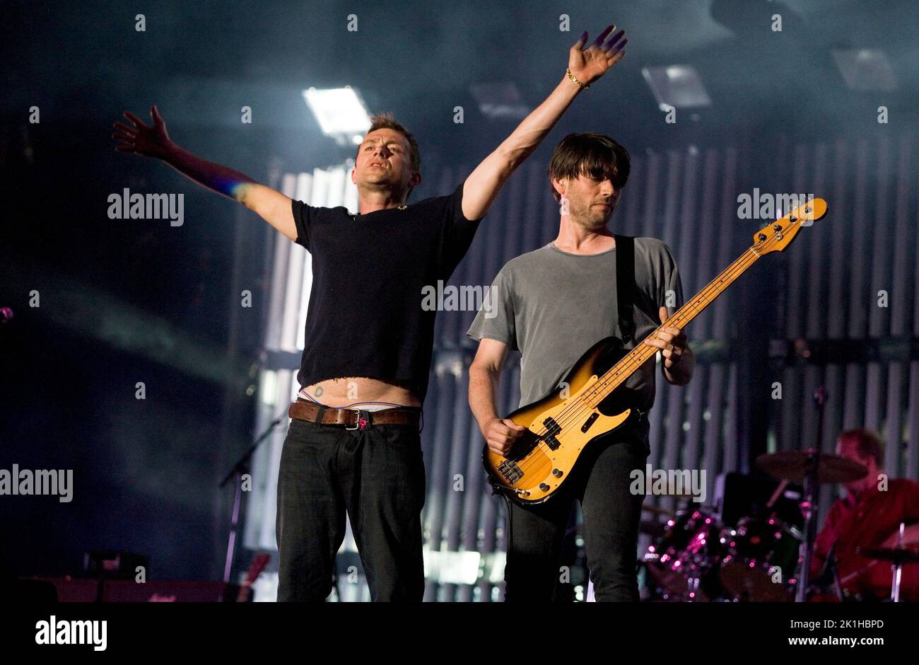 British indie band Blur play the Pyramid stage at Glastonbury Festival ...