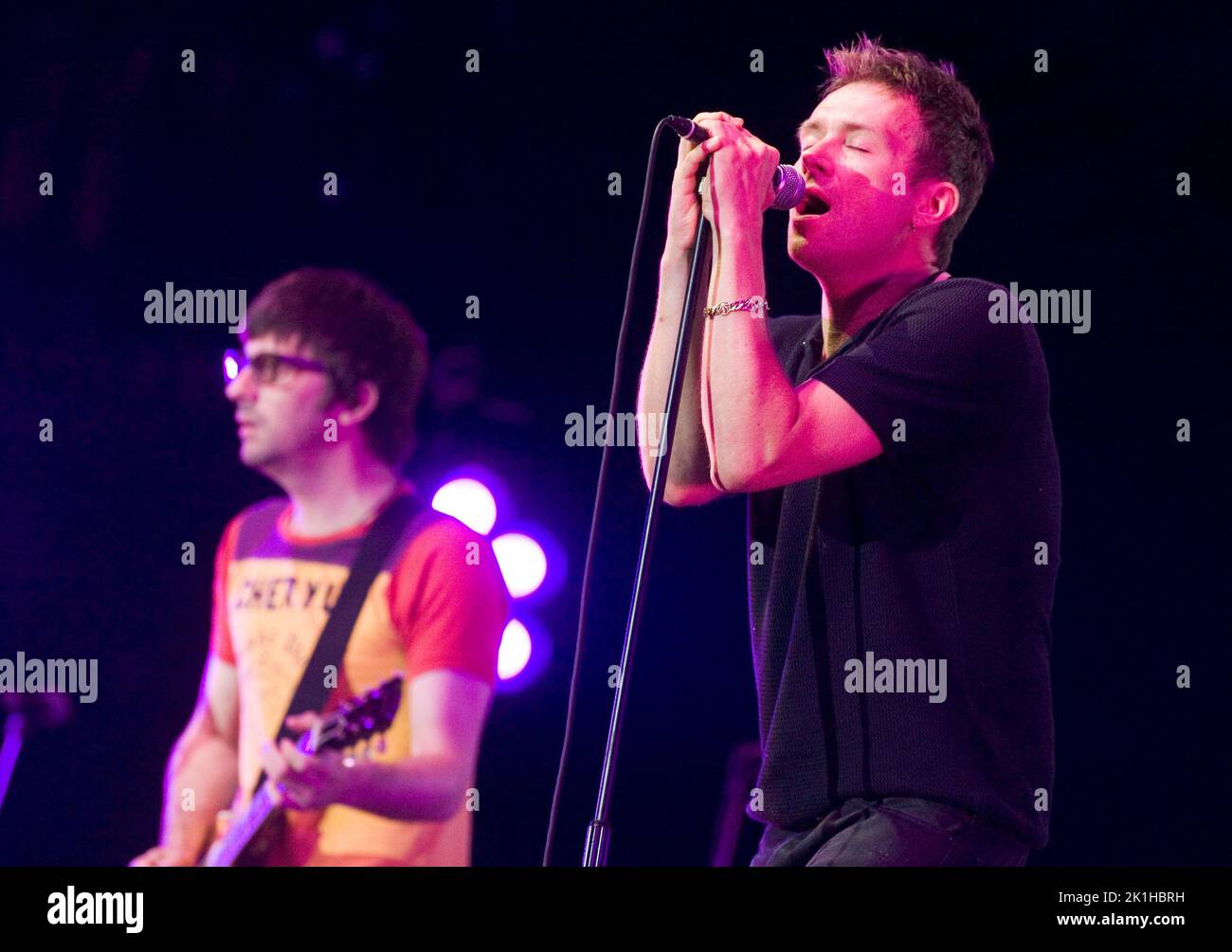 British indie band Blur play the Pyramid stage at Glastonbury Festival ...