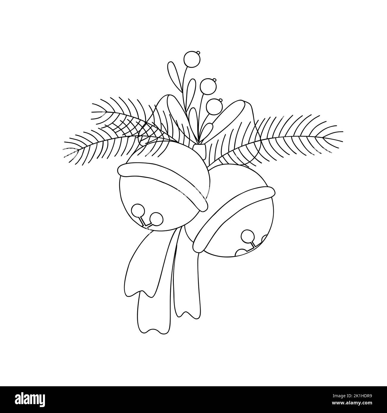 Christmas bell with fir tree branches, plant, bow, ribbon, simple ...