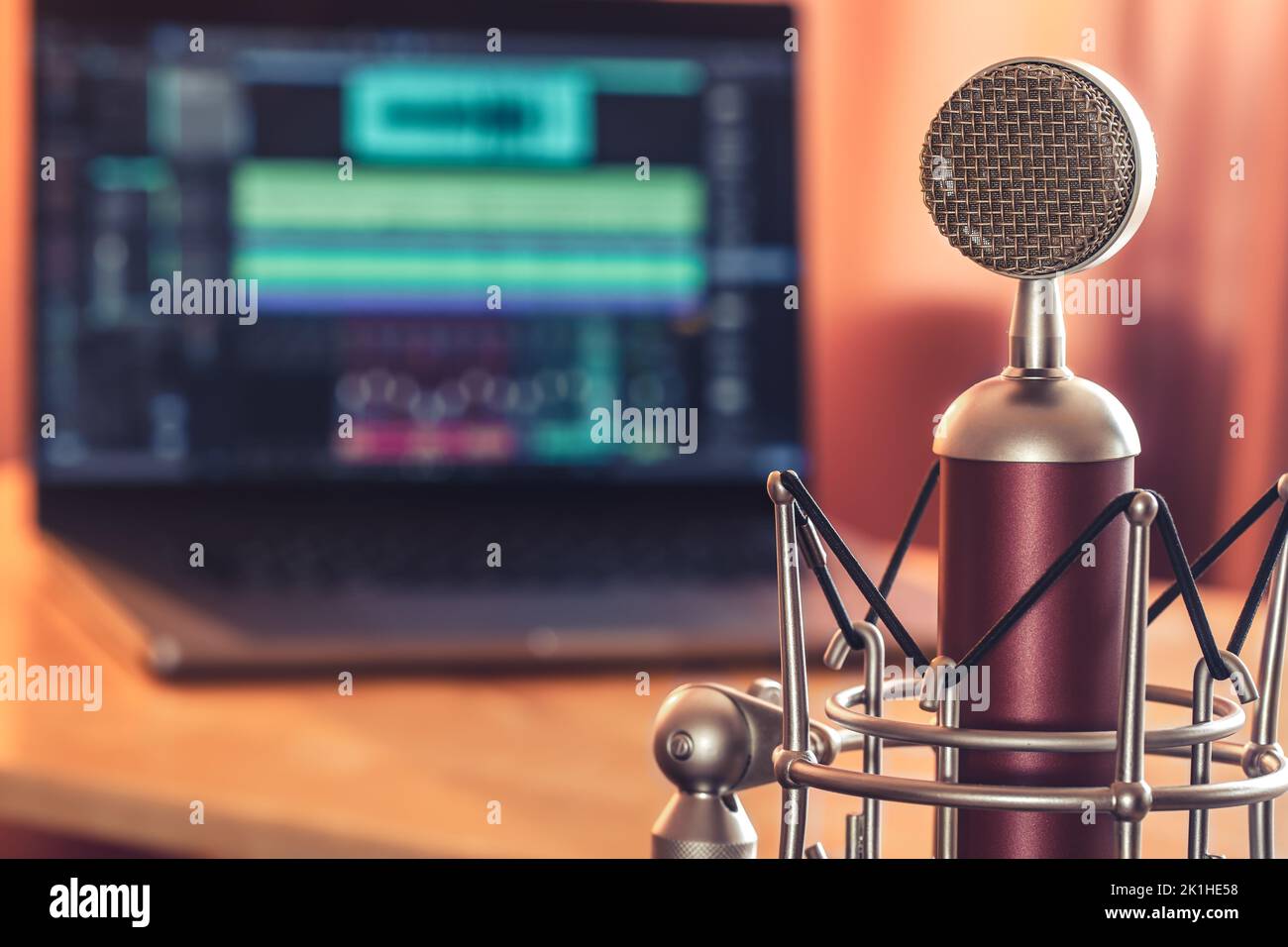 Professional microphone on blurred background, sound recording concept ...