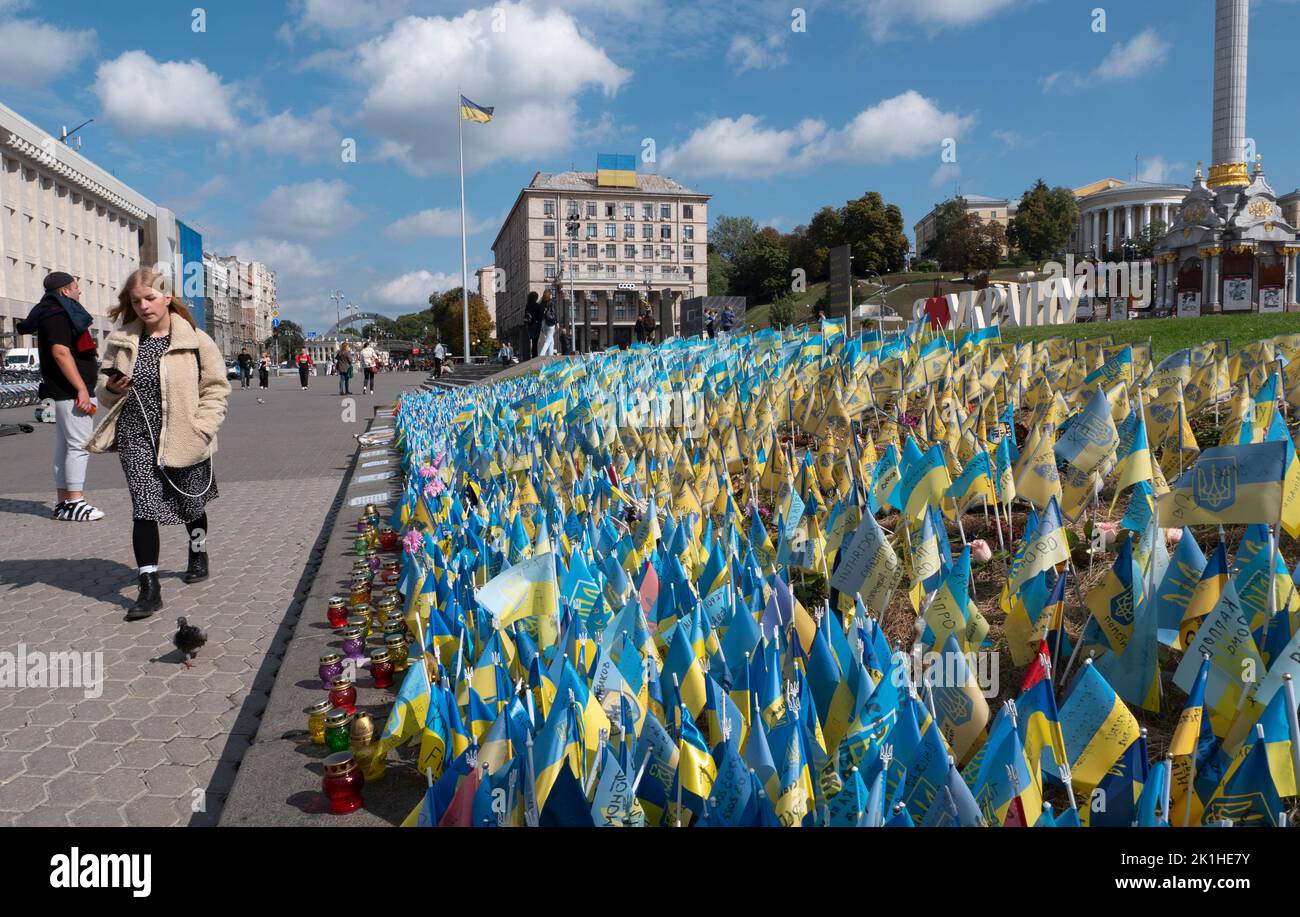 Ukrainian flags wave at a memorial for the deceased near Independence ...
