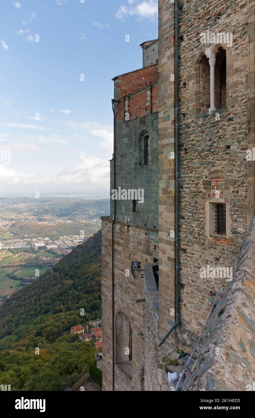 Close-up of the tall walls of the Sacra di San Michele abbey in Susa ...
