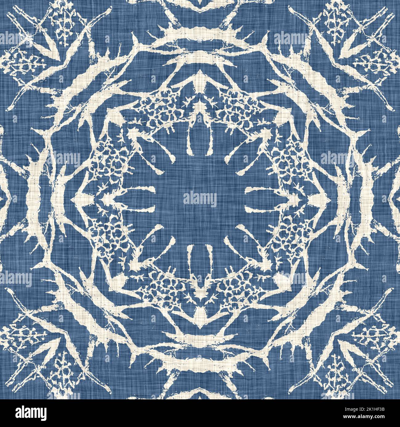 Farmhouse blue snow flake pattern background. Frosty batik french ...