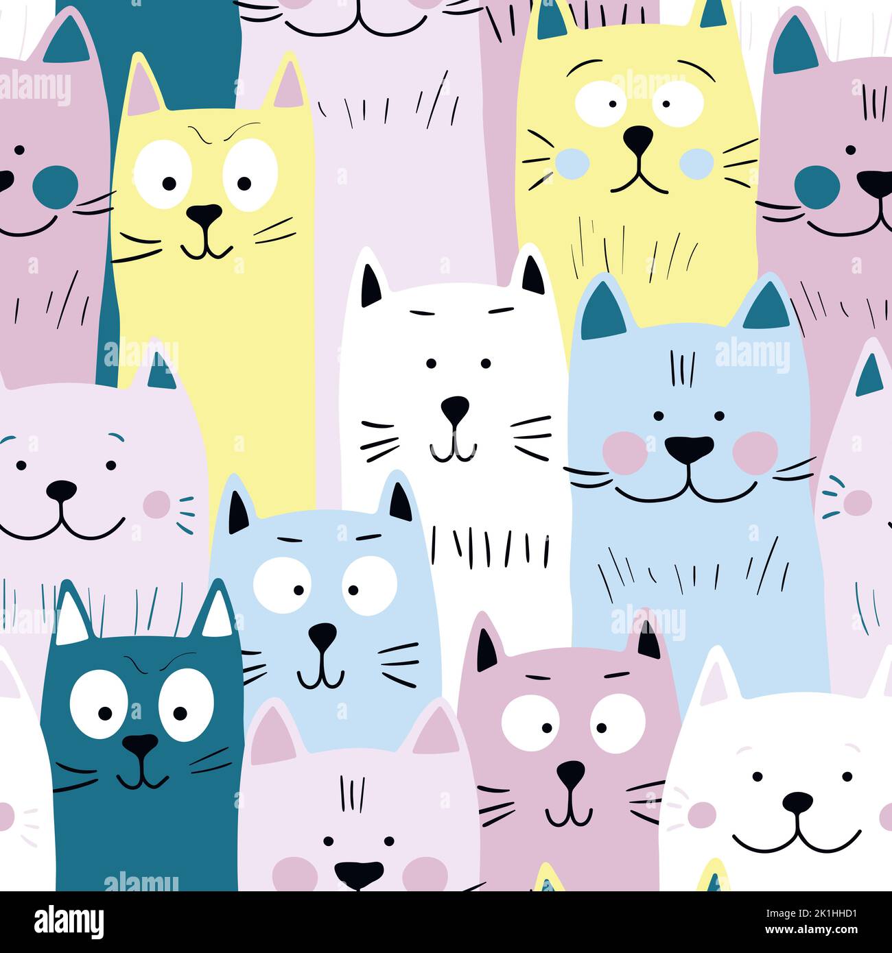 Seamless pattern with cute kitten print. Different scandy cats on color ...