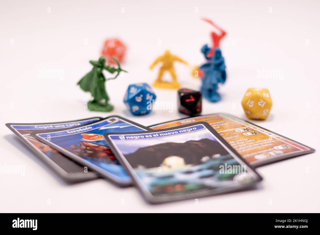 Role play game figures dices and cards Stock Photo - Alamy
