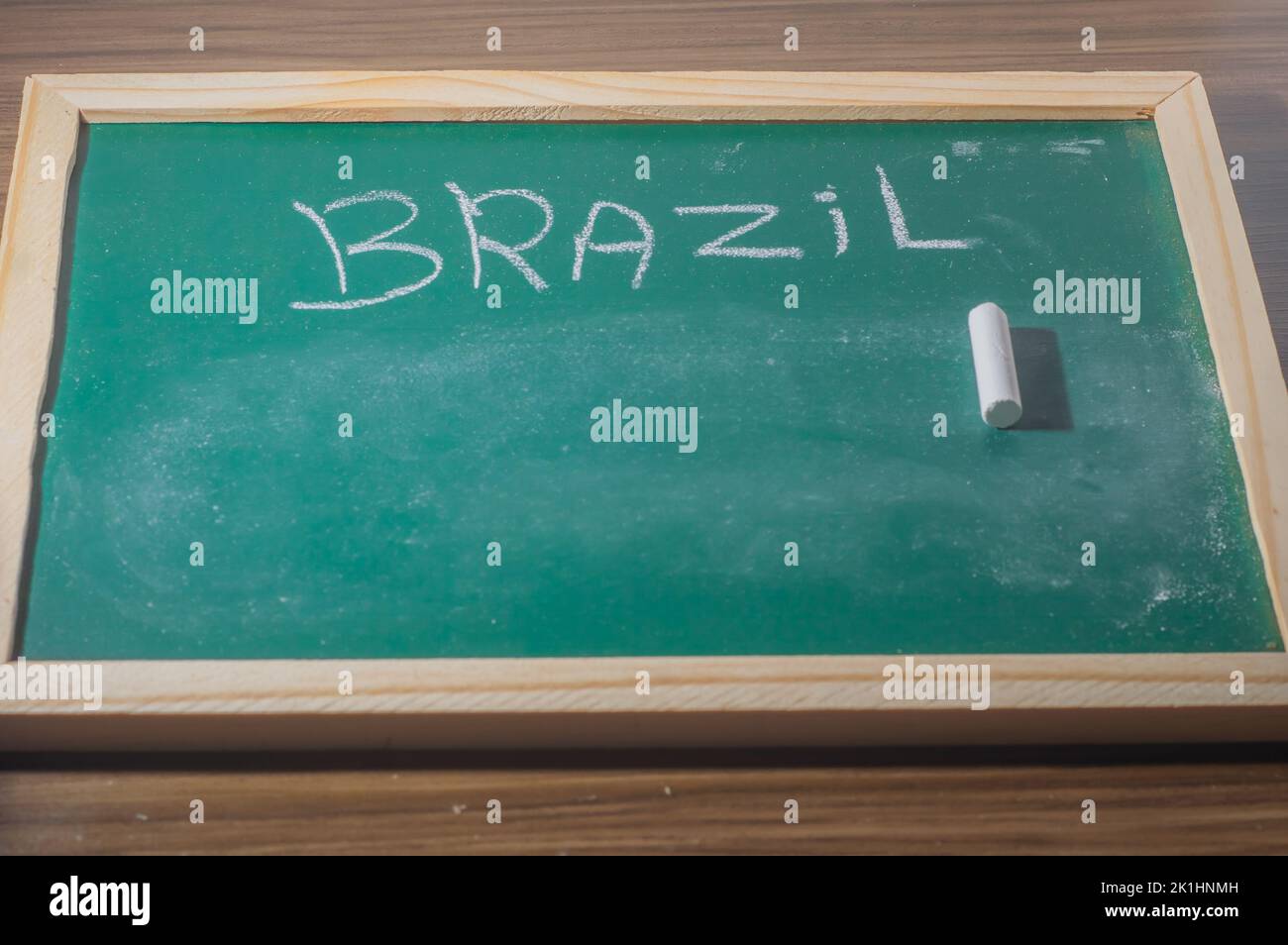 Green chalkboard with the word "Brazil" written with white chalk,copy ...