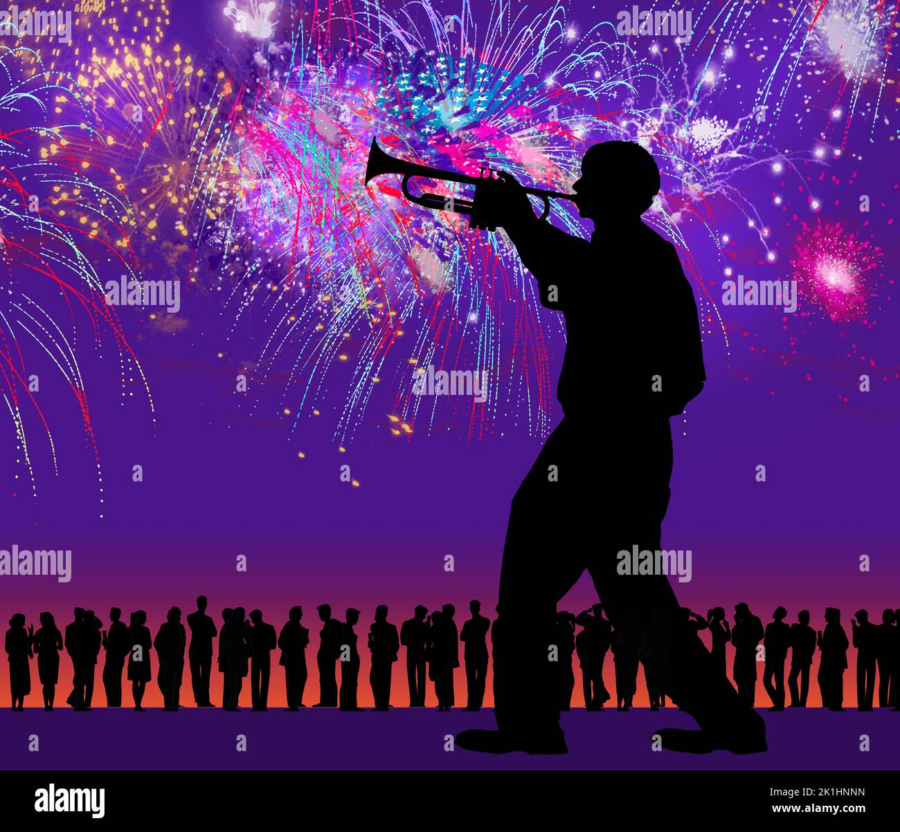 A trumpeter plays the National Anthem during a fireworks show at dusk ...