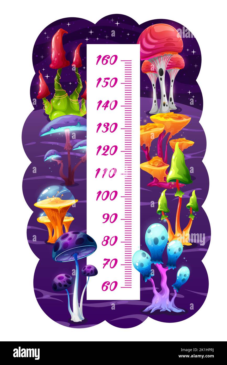 Fantasy fairy magic mushrooms, kids height chart, vector cartoon growth ...
