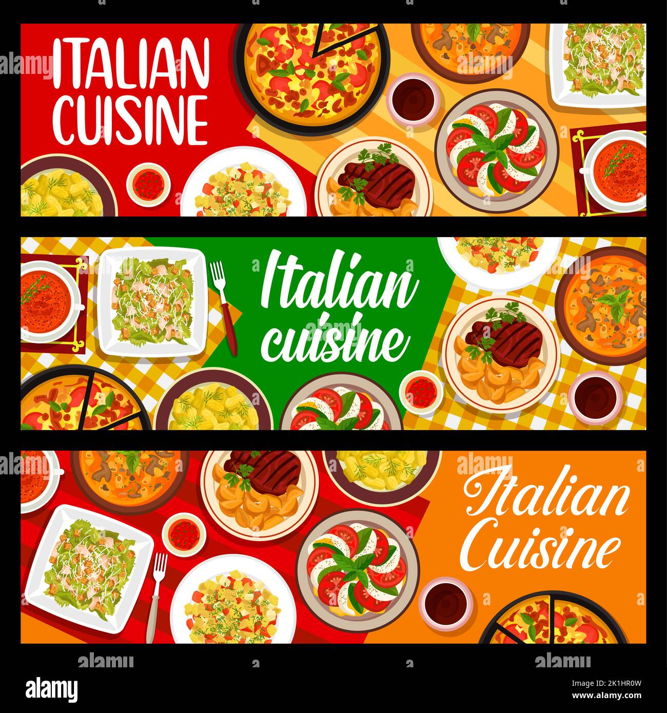 Italian cuisine food horizontal banners. Soup Minestrone, pasta fish ...