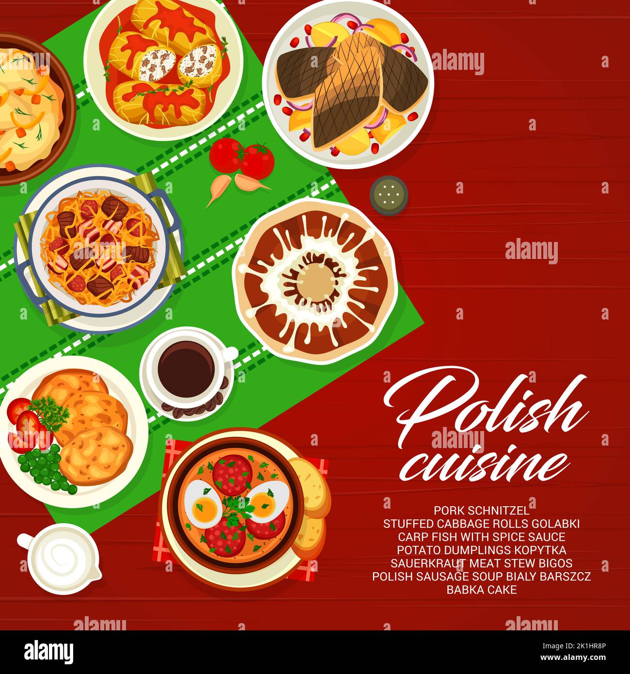 Polish cuisine menu cover. Sauerkraut meat stew bigos, schnitzel and ...